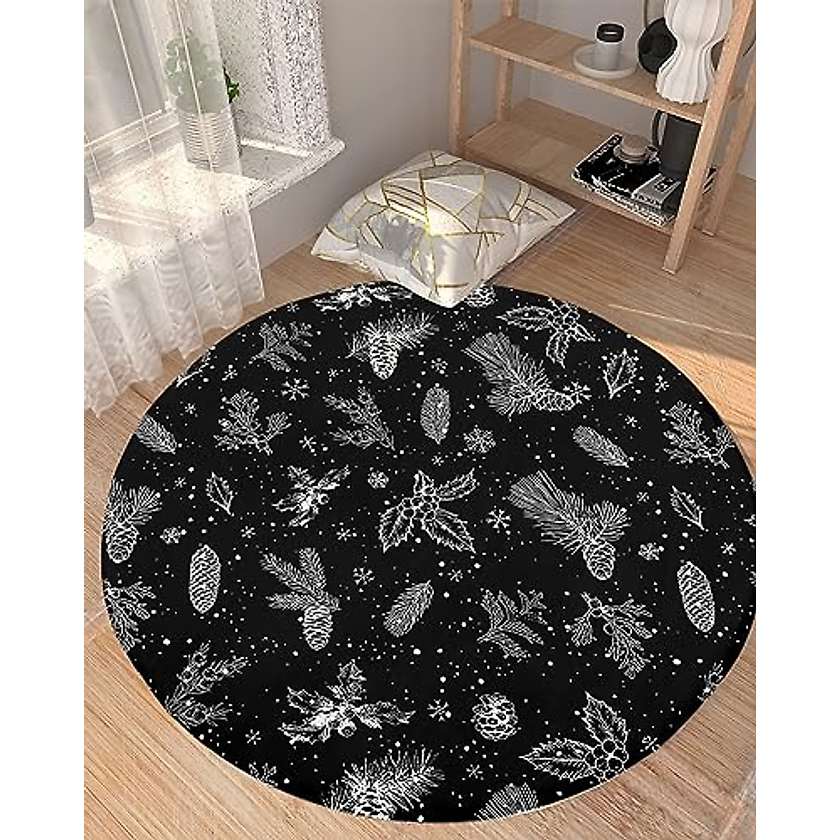 Christmas Flower Fluffy Round Area Rug Carpets 3.3ft, Plush Shaggy Carpet Soft Circular Rugs, Non-Slip Fuzzy Accent Floor Mat for Living Room Bedroom Nursery Decor Black White Pine Tree Leaves Cone