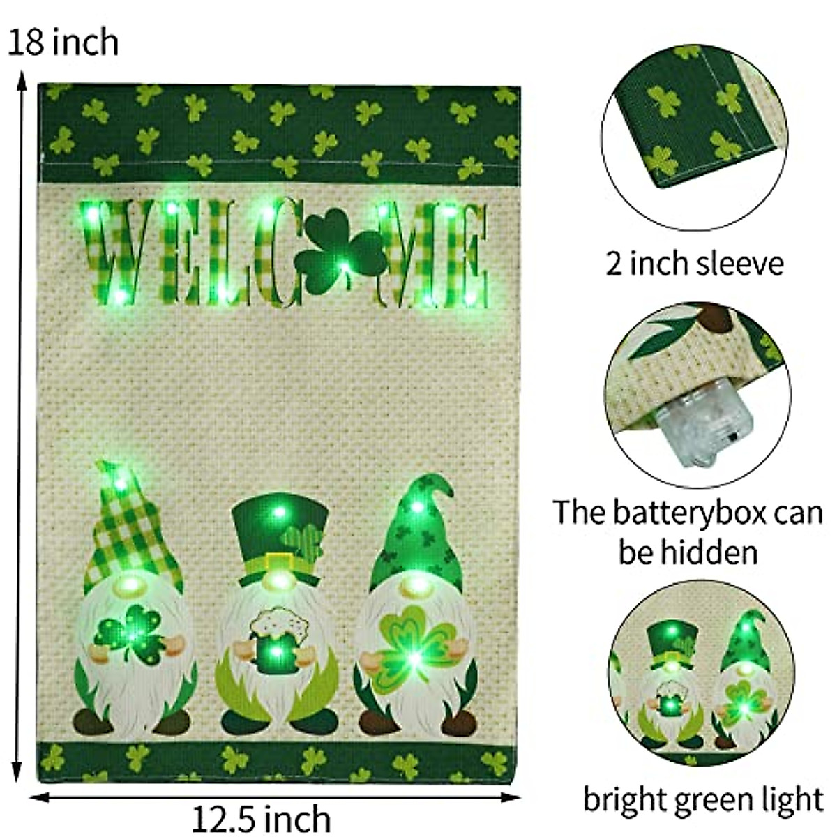 St Patricks Day Garden Flag with Lights, Welcome Gnome Shamrock Garden Flag Double Sided Yard Flags for Lawn Party St Patricks Day Outdoor Decorations 12 x 18 Inch