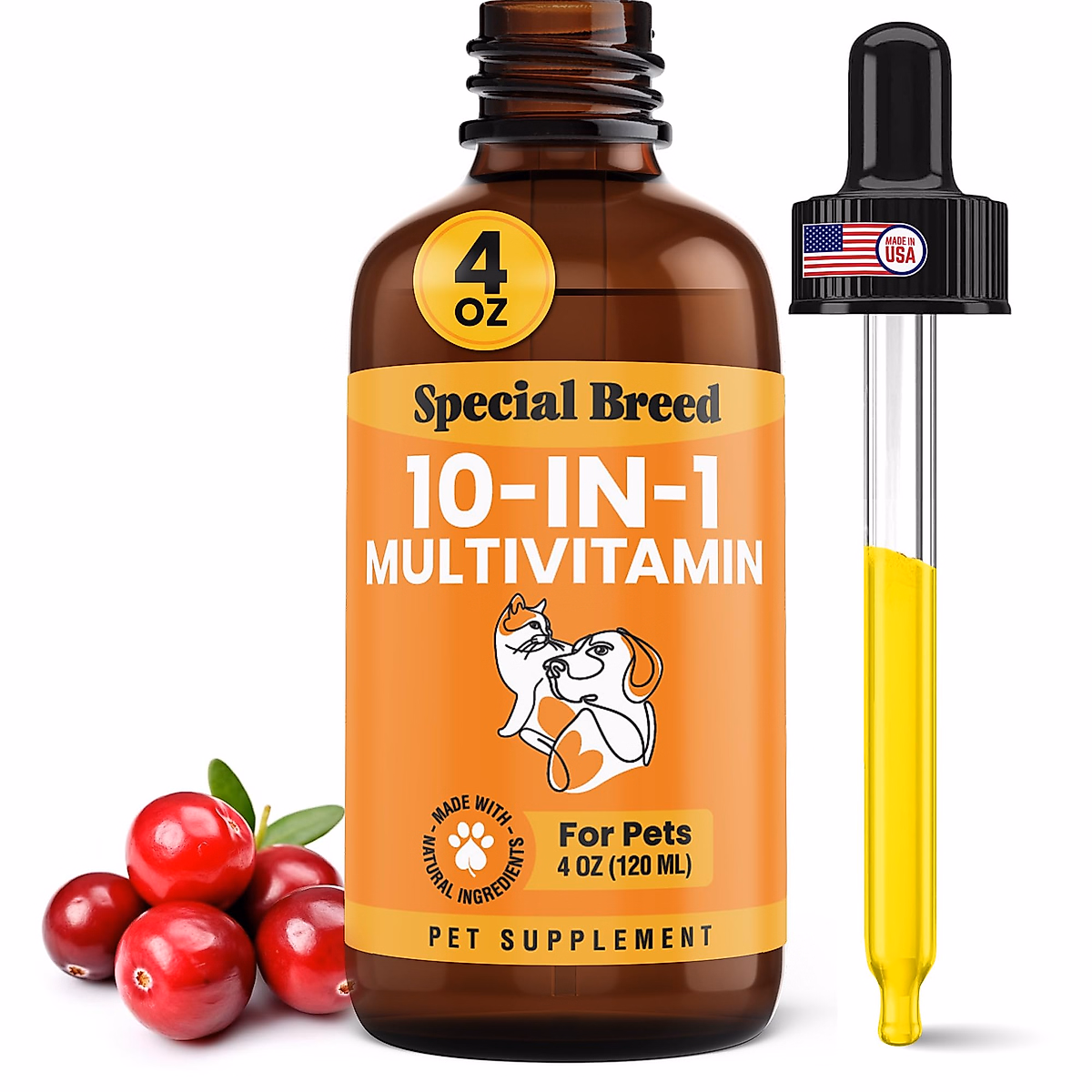10-in-1 Liquid Multivitamin for Dogs and Cats, 4 Ounce Multi Vitamin Supplement, Vitamin for Dogs, Vitamins for Cats, with Glucosamine & Cranberry, 4 oz