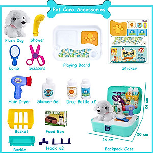 TEUVO Pet Care Play Set Doctor Kit for Kids, 16 Pcs Doctor Pretend Play Vet Dog Grooming Toys Puppy Dog Carrier Feeding Dog Backpack Gifts for Girls Boys 3-7 Years Old