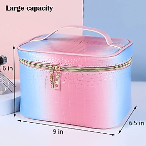 IMCUZUR Makeup Bag Organizer Travel Toiletry Bag for Women, Water-resistant Cosmetic Bag for Girls, Travel Make Up Bag for Accessories Cosmetics Toiletries (Blue-Pink Gradient)