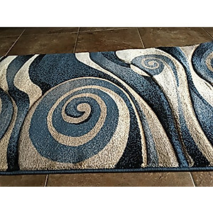 Nikos Modern Wide Runner Area Rug Blue Sculpture Design 258 (32in.X7ft.)