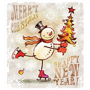 Ambesonne Christmas Duvet Cover Set, Skating Happy Snowman Xmas Tree Cheerful Hand Drawn Ornate Snowflakes, Decorative 3 Piece Bedding Set with 2 Pillow Shams, Queen Size, Beige White