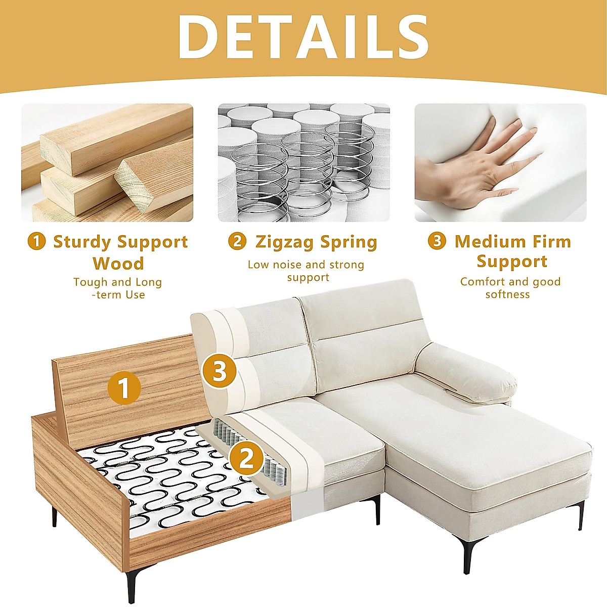 Ihanherry 85” Convertible Sectional Sofa Couch, 3 Seat Sofa for Living Room L-Shaped Modern Chenille Fabric Modular Sofa Reversible Wide Chaise & Fluffy Armrests for Apartment (Beige)