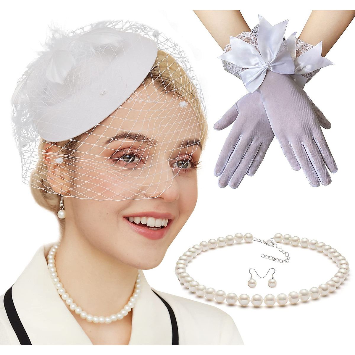Gionforsy Kentucky Derby Hat Fascinator Veil Fascinator Headband Lace Gloves Imitation Pearl Necklace Earrings Feather Pillbox Fascinator for Wedding Tea Party (Style 1-White)
