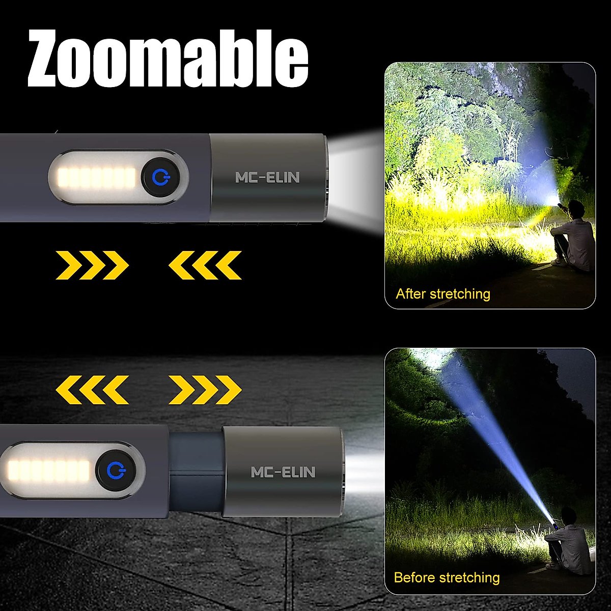 MC-ELIN Rechargeable Flashlight,USB C High Lumens Zoomable Small LED Flashlight 4 Modes Plastic Lantern Torch with Side Light Carabineer Clip Portable Flash Lights for Camping Emergency Cycling