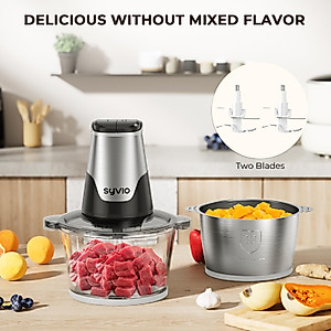 Syvio Food Processors with 2 Bowls, Meat Grinder 4 Bi-Level Blades, Mini Electric Food Chopper 400W, for Baby Food, Meat, Onion, Vegetables, 2 Speed, 8 Cup and 5 Cup