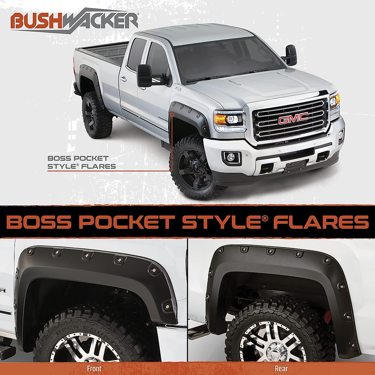 Bushwacker Boss Pocket/Rivet Style Front & Rear Fender Flares | 4-Piece Set, Black, Smooth Finish | 71906-02 | Fits 2006-2020 Nissan Frontier w/ 4.9' Bed, Chrome Bumper Only