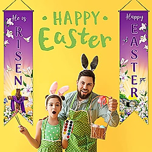 Happy Easter Banner He Is Risen Porch Sign Easter Decoration Hanging Banner Jesus Cross Religious Background Easter Eggs Photo Prop Holiday Door Backdrop for Home Outdoor Indoor Easter Party Supplies