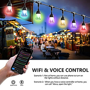 comtifyer Smart Outdoor String Lights, 32ft RGB Patio Lights with 12 Dimmable LED Bulbs, IP65 Waterproof, WiFi APP Control LED String Light for Backyard, Garden, Party