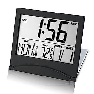 KANBIT Small Digital Travel Alarm Clock Battery Operated, Portable Large Number Display Alarm Clock with Date & Temperature,12/24 H Small Desk Clock-Black(No Light)