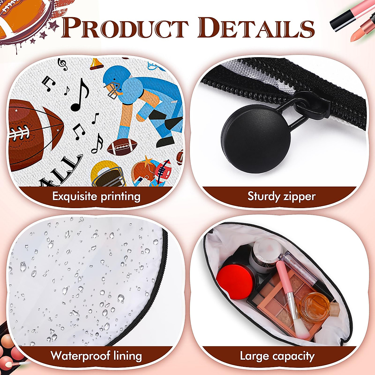 Football Makeup Bag for Teens, Inspirational Canvas Football Cosmetic Bag Pouch Accessories for Players Teams Stuff, Sport Party Favors Birthday Graduation Nurse Gifts for Her Girls Friends Women
