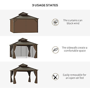 Outsunny 12' x 12' Hardtop Gazebo with Curtains and Netting, Permanent Pavilion Metal Double Roof Gazebo Canopy with Aluminum Frame and Hooks, for Garden, Patio, Backyard, Brown