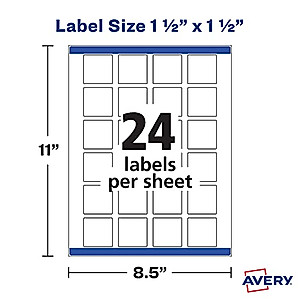 Avery Printable Blank Square Labels, 1.5" x 1.5", Matte White, 600 Customizable Labels (22805)