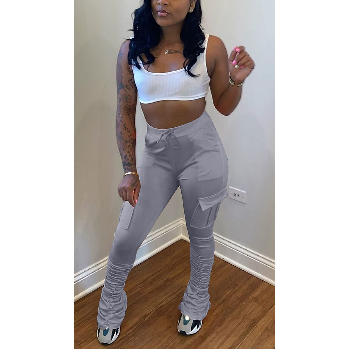 SHINFY Women's Stacked Leggings Pants Bell Bottom Yoga Pants Ruched Jogging Sweatpants A-Grey