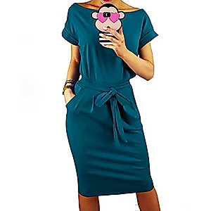 PRETTYGARDEN Women's Summer Short Sleeve Crewneck Striped Dress Basic Solid Tie Waist Office T Shirt Dresses Pockets Dark Green
