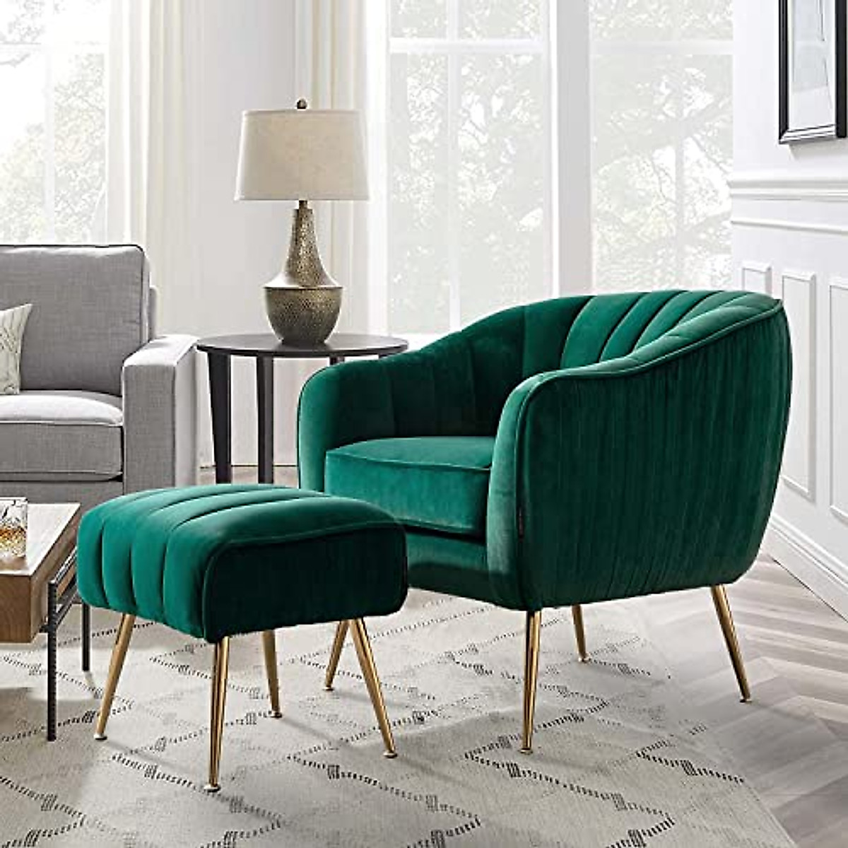 Altrobene Velvet Accent Chair with Ottoman, Modern Tufted Barrel Chair Ottoman Set for Living Room Bedroom, Golden Finished, Christmas Green