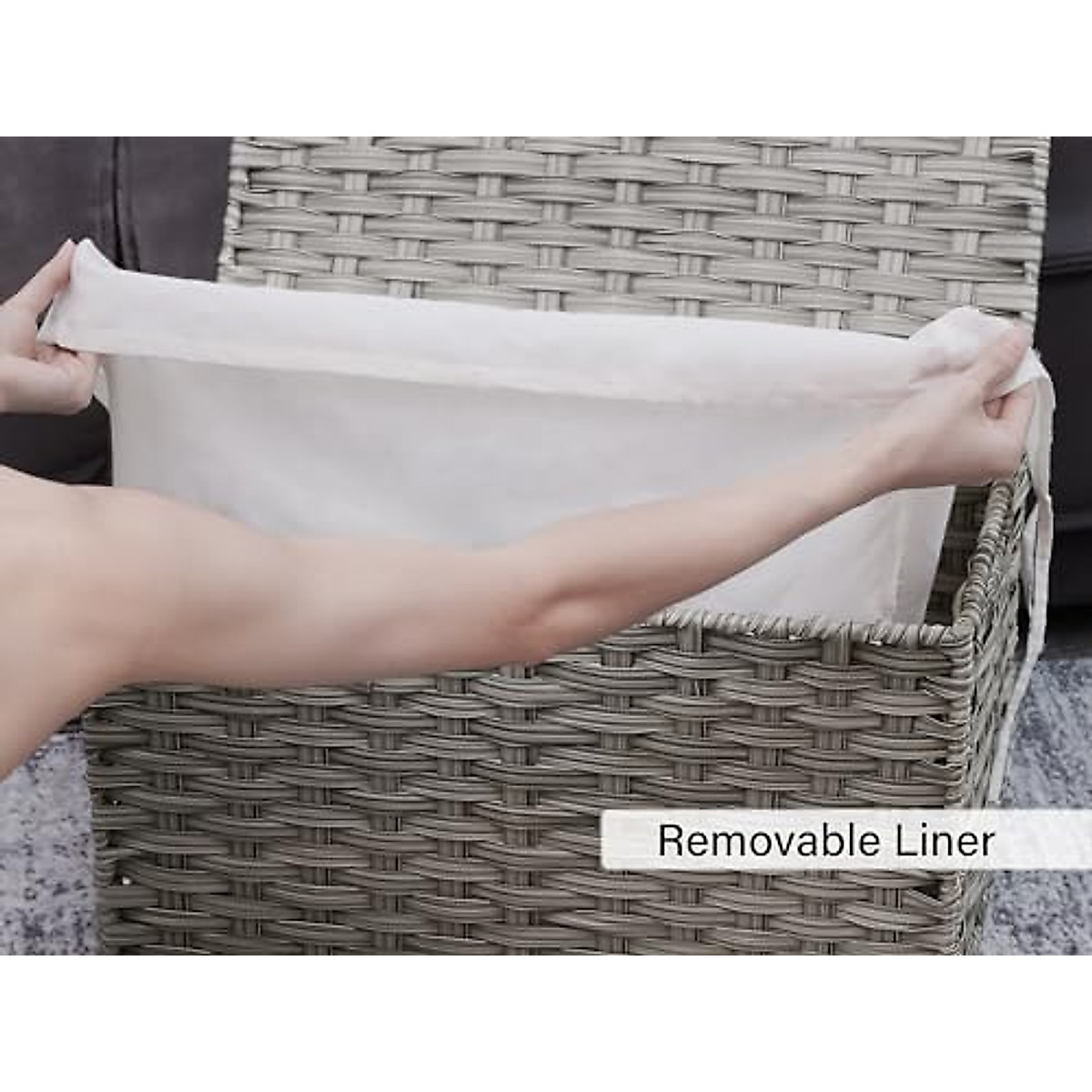 StorageWorks Wicker Storage Basket with Lid, 65L Square Wicker Baskets with lids and Removable Liner, Wicker Storage Trunk, Wicker Basket with Lid for Bedroom, Closet, Bathroom - Grey