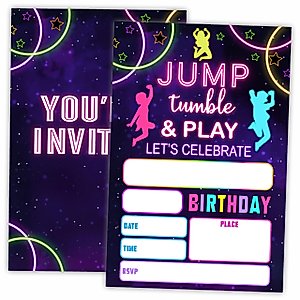 AWSICE Jump Tumble & Play Birthday Invitations, Neon Glow Double-Sided Fill-In Invite Cards For Birthday Party, 20 Invitations With Envelopes, Decorations,Party Favor And Supply-B02