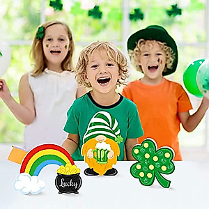 3 Pieces St. Patrick’s Day Table Signs Wooden, Shamrock Rainbow Gnome Wood Signs Table Top Decorations, Irish Themed Freestanding Lucky Table Centerpiece Decor for Fireplace Tiered Tray Home Office