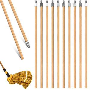 Barydat 10 Pack 55 Inch Lacquered Wood Broom Handle with Metal Threaded Tip Heavy Duty Natural Lacquered Wood Handle for Floor Home Office Commercial, 1" Diameter
