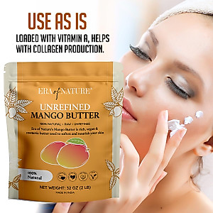 era of nature Organic Unrefined Raw MANGO BUTTER BLOCK Bulk, Skin Moisturizing, Use Alone or in DIY Body Butters, Soaps, Lotions and lip balm - 2lb (32oz)