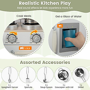 Costzon Kids Corner Kitchen Playset, 8-in-1 Wooden Play Kitchen Toy Set w/Realistic Microwave, Oven, Stove, Refrigerator, Water Dispenser, Range Hood, Pretend Cooking Set