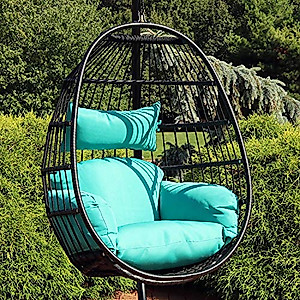 Sunnydaze Dalia Black Steel and Polyethylene Wicker Hanging Egg Chair with Teal Polyester Seat Cushions - Bohemian Single Lounge Chair - Collapsible Nylon Rope Back - 45-Inch Tall