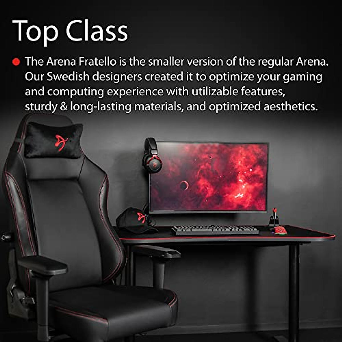 Arozzi Arena Fratello Curved Gaming and Office Desk with Full Surface Water Resistant Desk Mat Custom Monitor Mount Cable Management Cut Outs Under The Desk Cable Management Netting - Dark Grey
