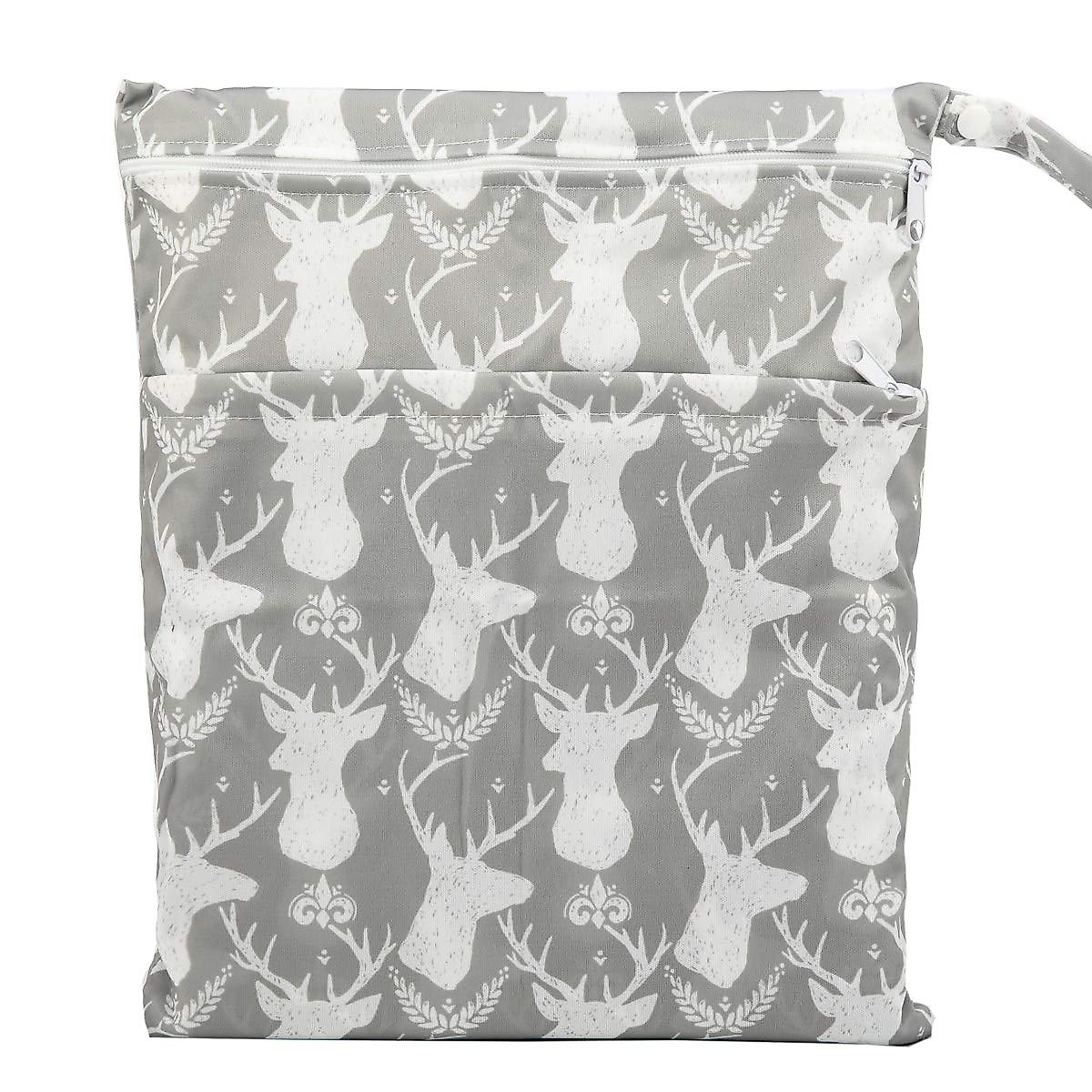 Sigzagor 2 Wet Bags Reusable Diaper Nappy Waterproof With Two Zippered Pockets (Gray Arrow and Deer Heads)