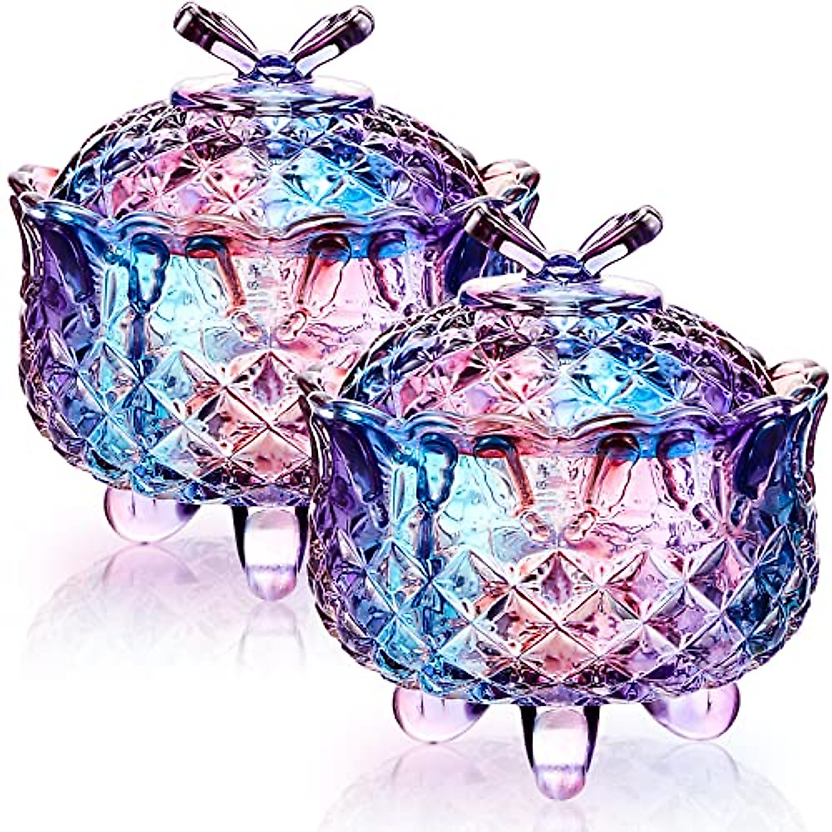 Yaomiao 2 Pcs Purple Blue Crystal Candy Jar with Lid 10 oz Glass Candy Dish Vintage Embossed Glass Candy Jar for Cookie Wedding Buffet