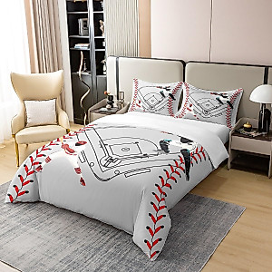 Castle Fairy Baseball Player Comforter Cover Queen Baseball Field Print 100% Organic Cotton Duvet Cover American Sports Ball Game Bedding Sets Red Baseball Texture Bedspread Cover 3 Pieces