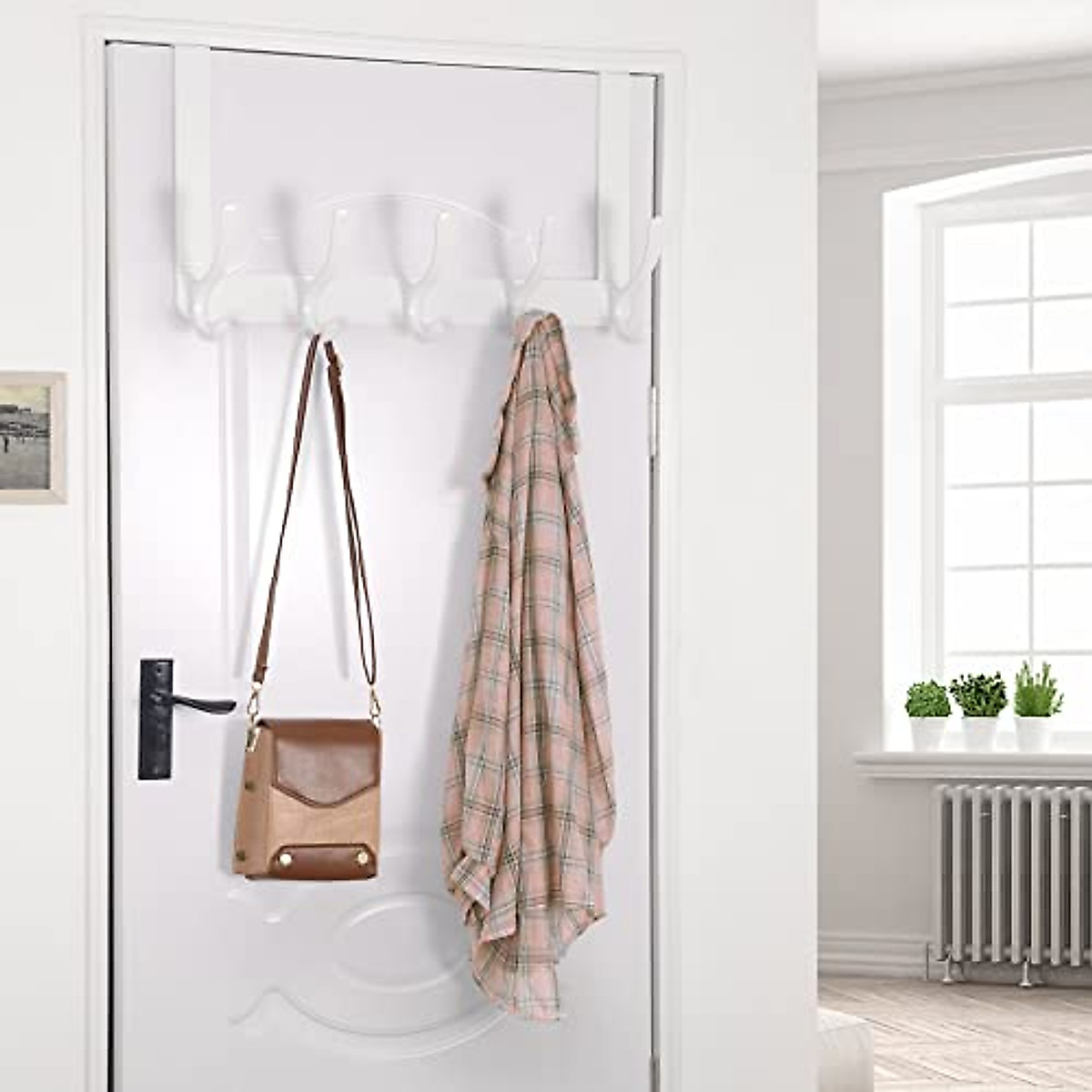 SKOLOO Over The Door Hook Rack, 5 Door Hanger Hooks for Clothes Towels Coat, Over The Door Coat Rack (White)