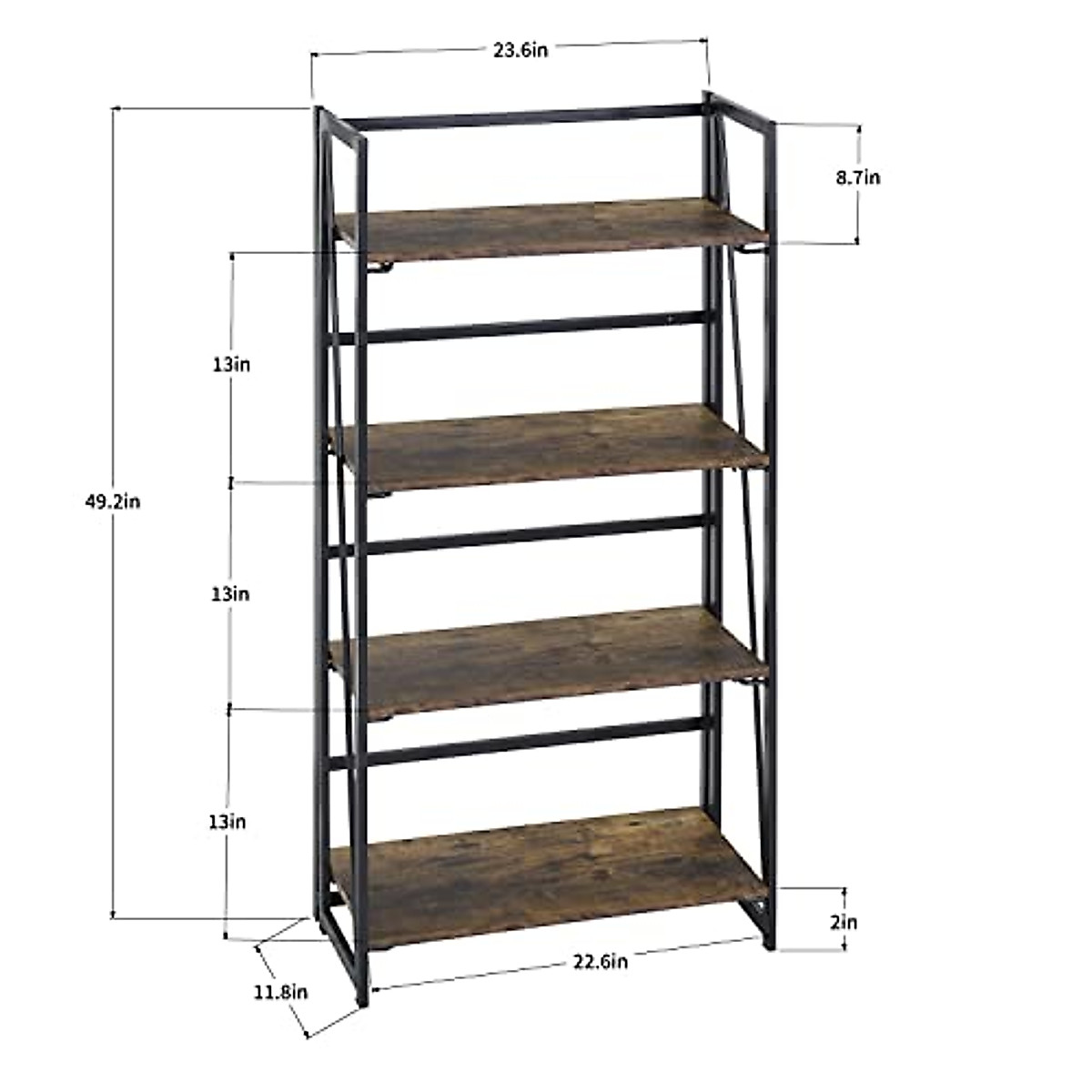 FurnitureR 4-Tier Bookcase Folding Bookshelf Home Office Industrial Bookcase with Metal Frame No Assembly Storage Shelves Vintage Flower Stand Rustic Book Rack Organizer, 23.6 X 11.8 X 49.2 Inches