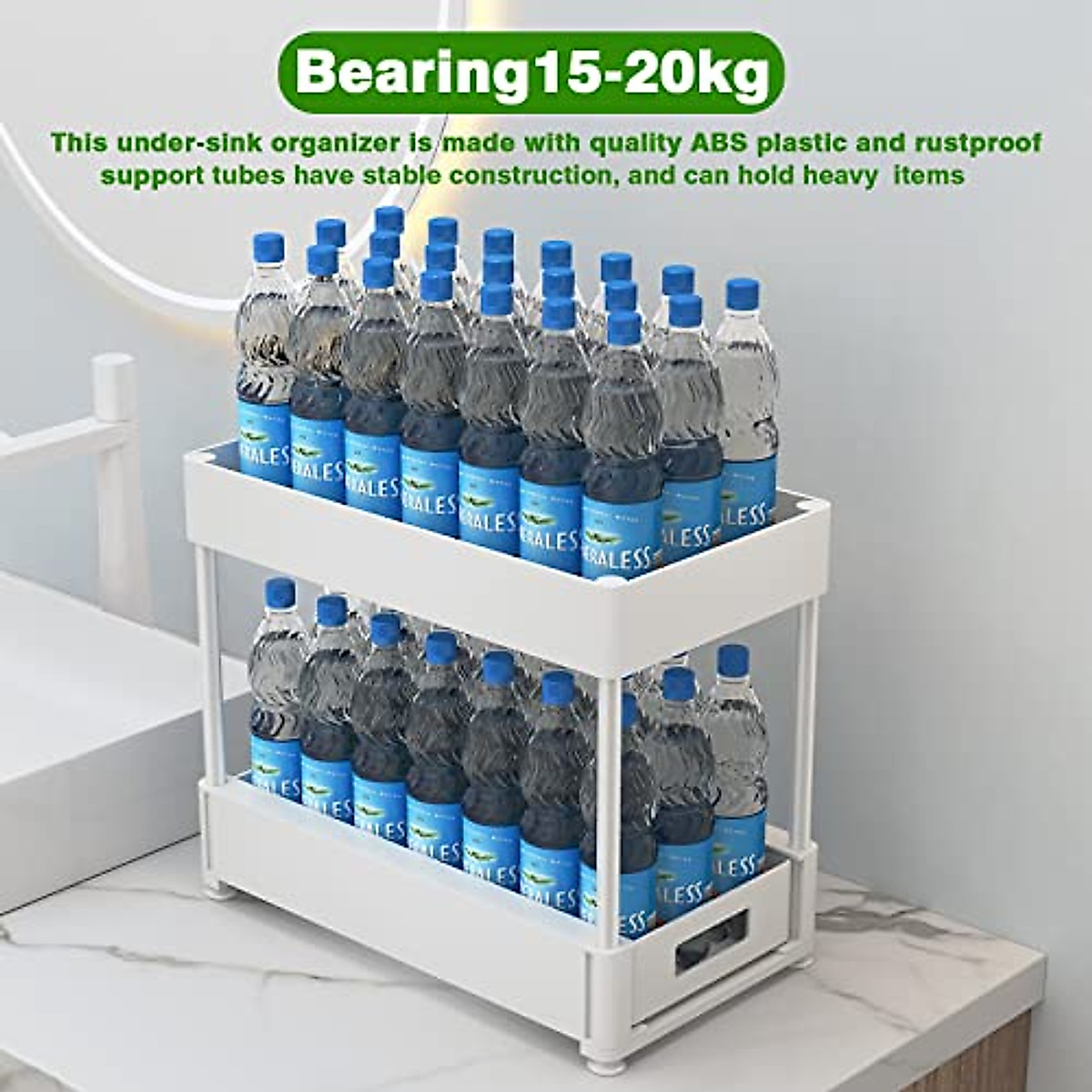 Under Sink Organizers and Storage 2 Pack, ZOMILB Bathroom Organizer 2-Tier Sliding Kitchen Cabinet Organization with Hook, Hanging Cup, Multi-purpose Under Sink Shelf Organizer for Home Storage, White