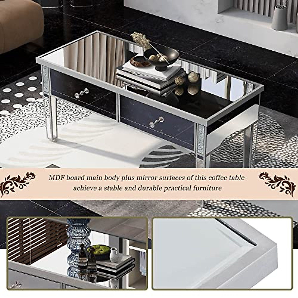 OPTOUGH Modern Glass Mirrored Coffee Table with 2 Drawers, Cocktail Platform with Crystal Handles and Adjustable Height Legs for Living Room, Silver