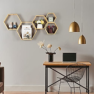Floating Shelves Set of 5, Honey Comb Hexagon Floating Shelves Set, Hexagon Shelves for Wall, Wall Mounted Bamboo Farmhouse Storage for Bathroom, Kitchen, Bedroom, Living Room, Office(Natural Color)