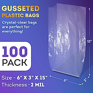 APQ Gusseted Plastic Bags 6" x 3" x 15", Pack of 100 Plastic Clear Gift Bags for Favors, Cookies, Candies, 2 Mil Thick Clear Poly Gusseted Bags with Open Top, Water-Resistant Clear Plastic Treat Bags