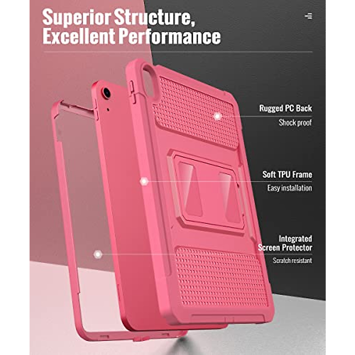 MoKo Case for iPad 10th Generation 10.9 inch 2022, Shockproof Dual Layer Full Body Cover with Kickstand for Kids and Built-in Screen Protector for iPad 10th Gen 2022, Support Touch ID, Watermelon Red