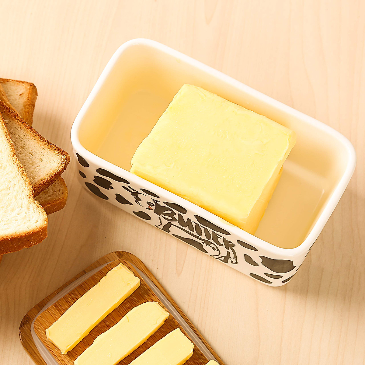 Lumicook Ceramic Butter Dish with Wooden Lid, Large Butter Container Keeper Storage with Stainless Steel Butter Knife Spreader, Bamboo Cover and Silicone Sealing Ring for Coast Butter (Black)