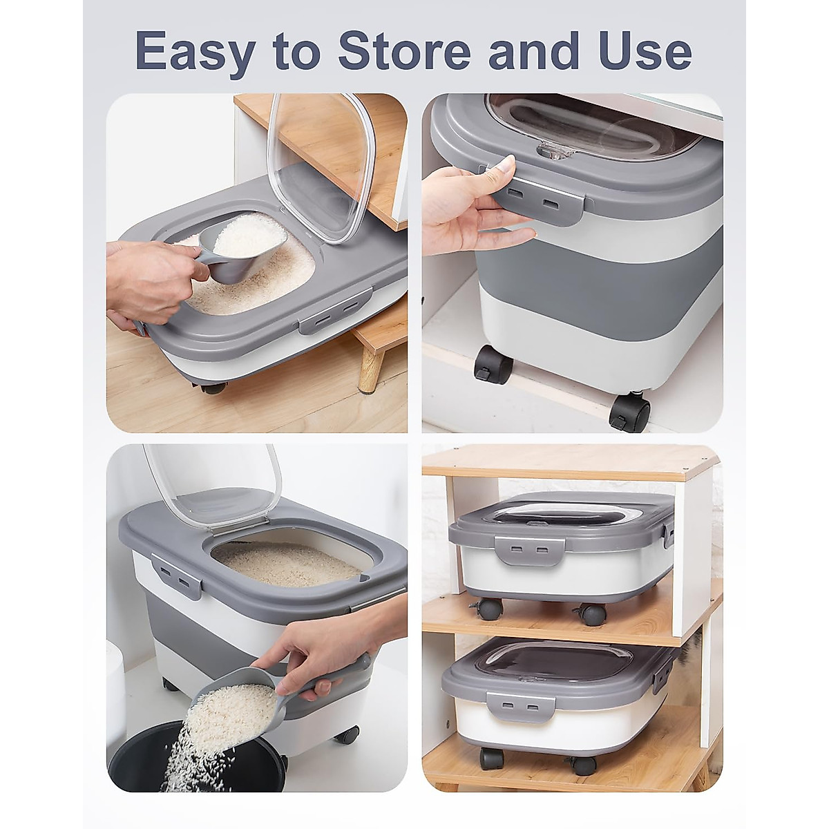 DDMOMMY 20-30Lbs Rice Storage Container,Collapsible Food Storage Containers with Rolling Wheel Airtight Locking Lid,Flour Storage Container with Cup and Scoop,Suitable for Food,Rice,Pet Food,Flour