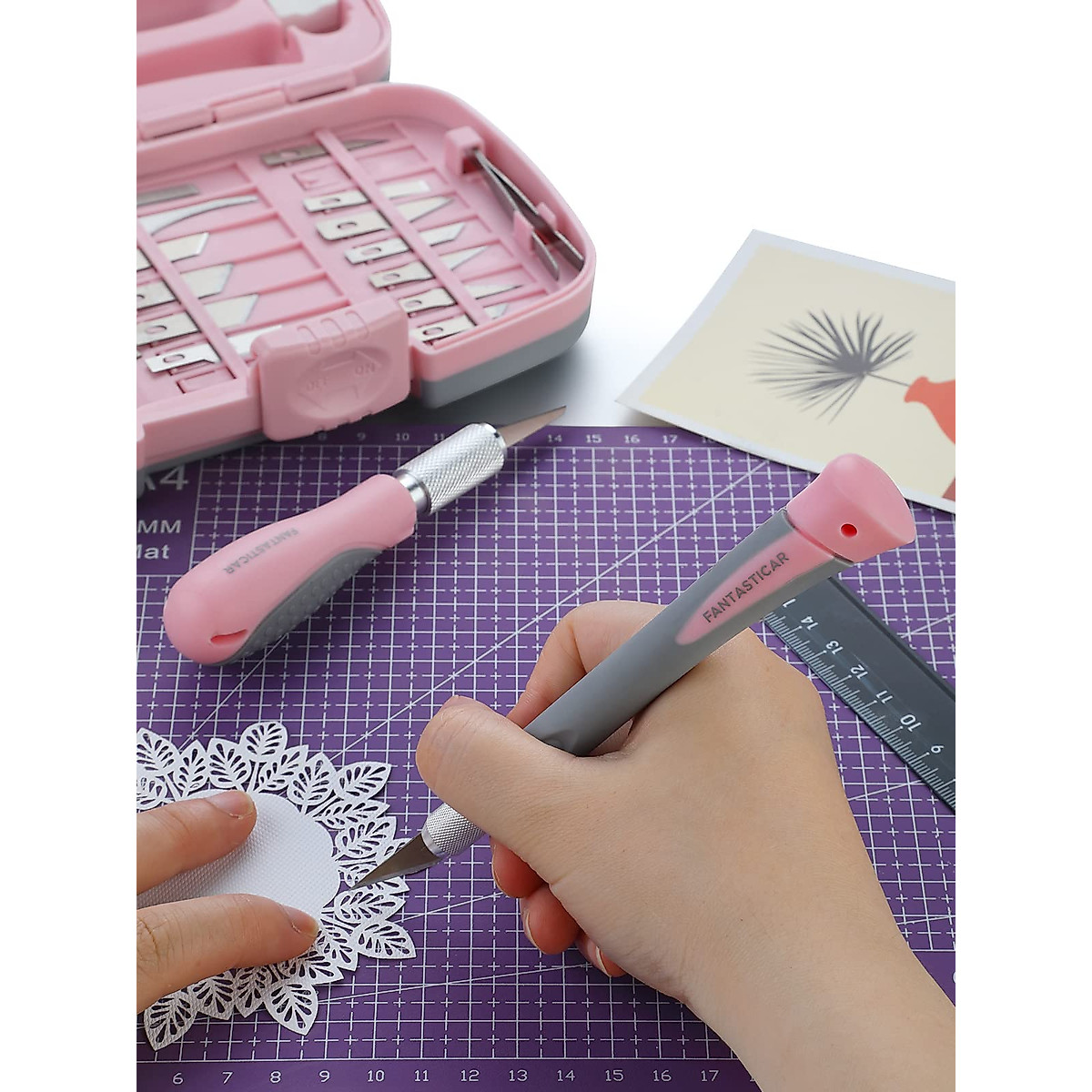 FantastiCAR Craft Knife Precision Cutter Hobby Knife Blades Set (30pcs) for Art Work, Scrapbooking, Stencil, Architecture Modeling, Wood Leather Working (Pink)