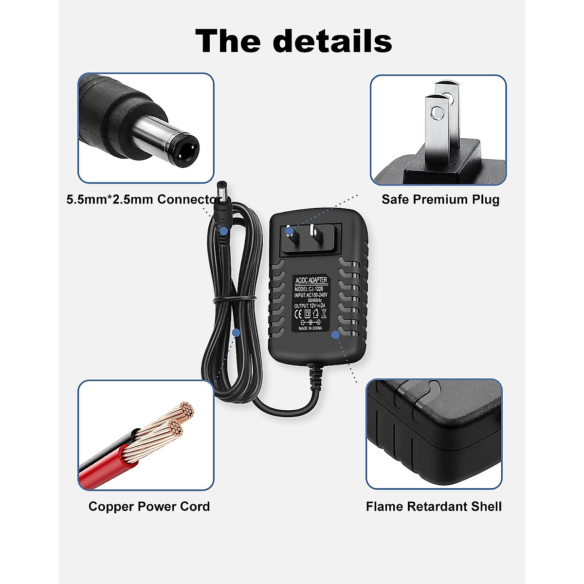 DC 12 Volt 2 Amp Power Supply 2A AC Adapter 100-240V 50-60Hz AC to DC 12V Power Cord with 5.5mmx2.5mm DC Outlet Plug & 10 Sizes of Tips for LED Strip Light Speaker Router CCTV Camera [ DC 12V 2A ]