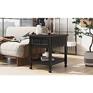FDSPDO Classical Black&White End Table with Open Styled Shelf Large Storage Space,Side Table Drawer with Metal Handles for Living Room