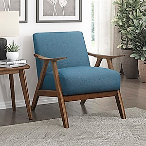 Lexicon Mid Century Modern Accent Chair with Solid Wood Frame in Walnut Finish, Upholstered Living Room Lounge Arm Chair, Thick and Comfy Innerspring Seat Cushion, Linen-Look Fabric, Blue