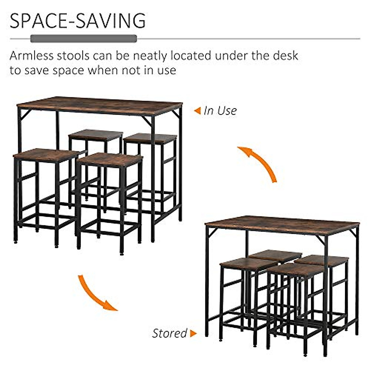 HOMCOM 5-Piece Industrial Dining Table Set, Bar Table & 4 Stools Set, Space Saving for Pub & Kitchen, Black/Brown