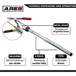 ARES 55000 - Oil Barrel Pump - 2-Piece Telescoping Suction Tube Fits 15-55 Gallon Drums - Designed to Deliver Base Oil, Transmission Oil and Heavier Fluids - Removable Heavy Duty Spout
