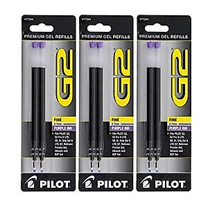 Pilot G2, Dr. Grip Gel/Ltd, ExecuGel G6, Q7 Rollerball Gel Ink Pen Refills, 0.7mm, Fine Point, Purple Ink, Pack of 6