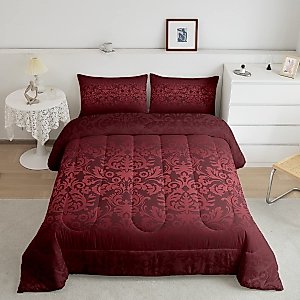 Burgundy Gothic Comforter Set Full Vintage Paisley Damask Floral Bedding Sets For Women Girls,Antique Victorian Baroque Goth Quilt Bedding Set Bohemian Exotic Down Comforter Luxury Room Decor 3 Pcs