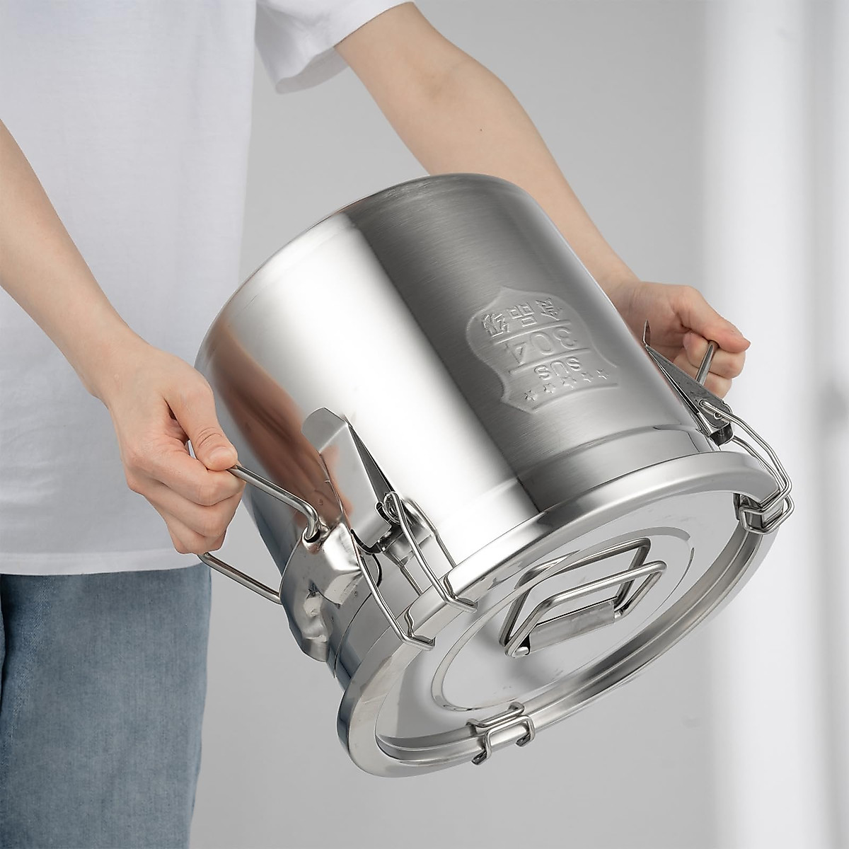 DYNAMI 304 Stainless Steel Airtight Canister, 3.2Gal Canisters Container with Lids and Sturdy Locking Clamp,Bucket Food Storage Containers Airtight for Rice, Flour, Grain, Coffee Bean(12L)